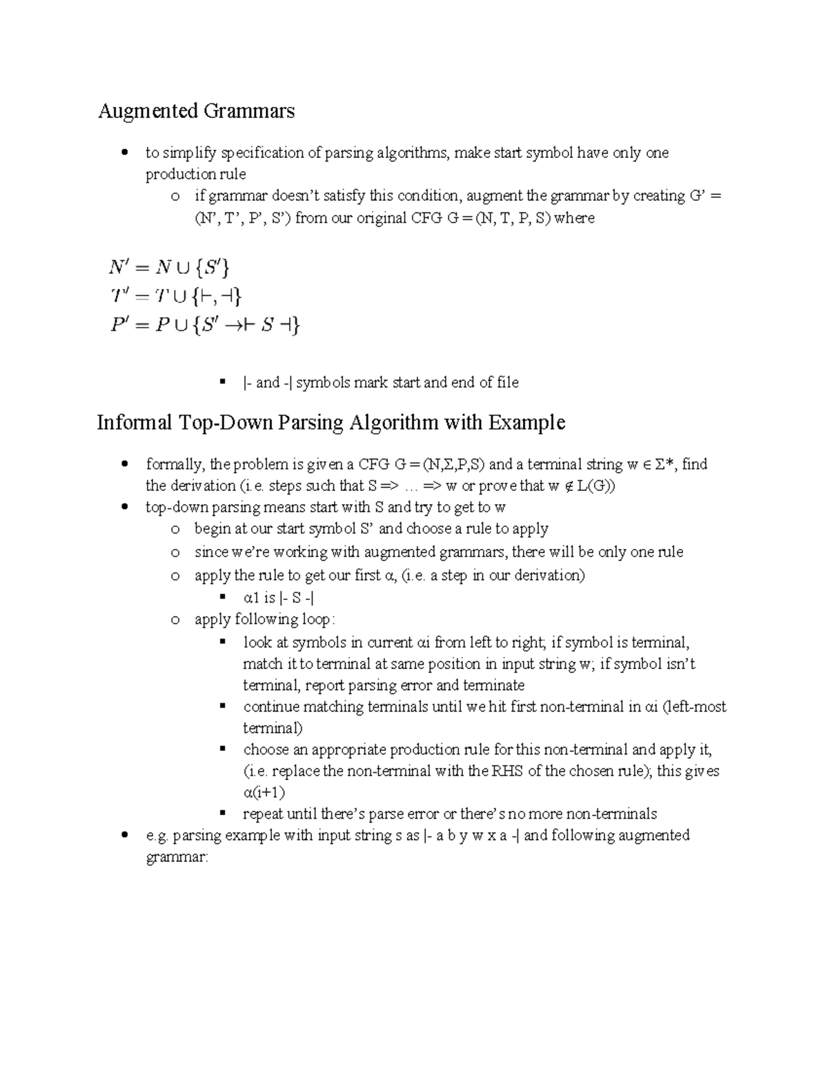 LL(1) Top-Down Parsing - Augmented Grammars to simplify specification of parsing algorithms ...