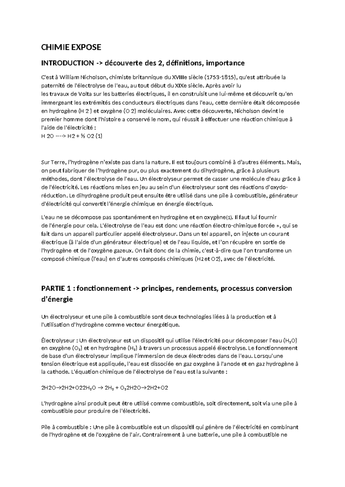 Chimie exposé - Physique - CHIMIE EXPOSE INTRODUCTION -> découverte des 2, définitions, - Studocu