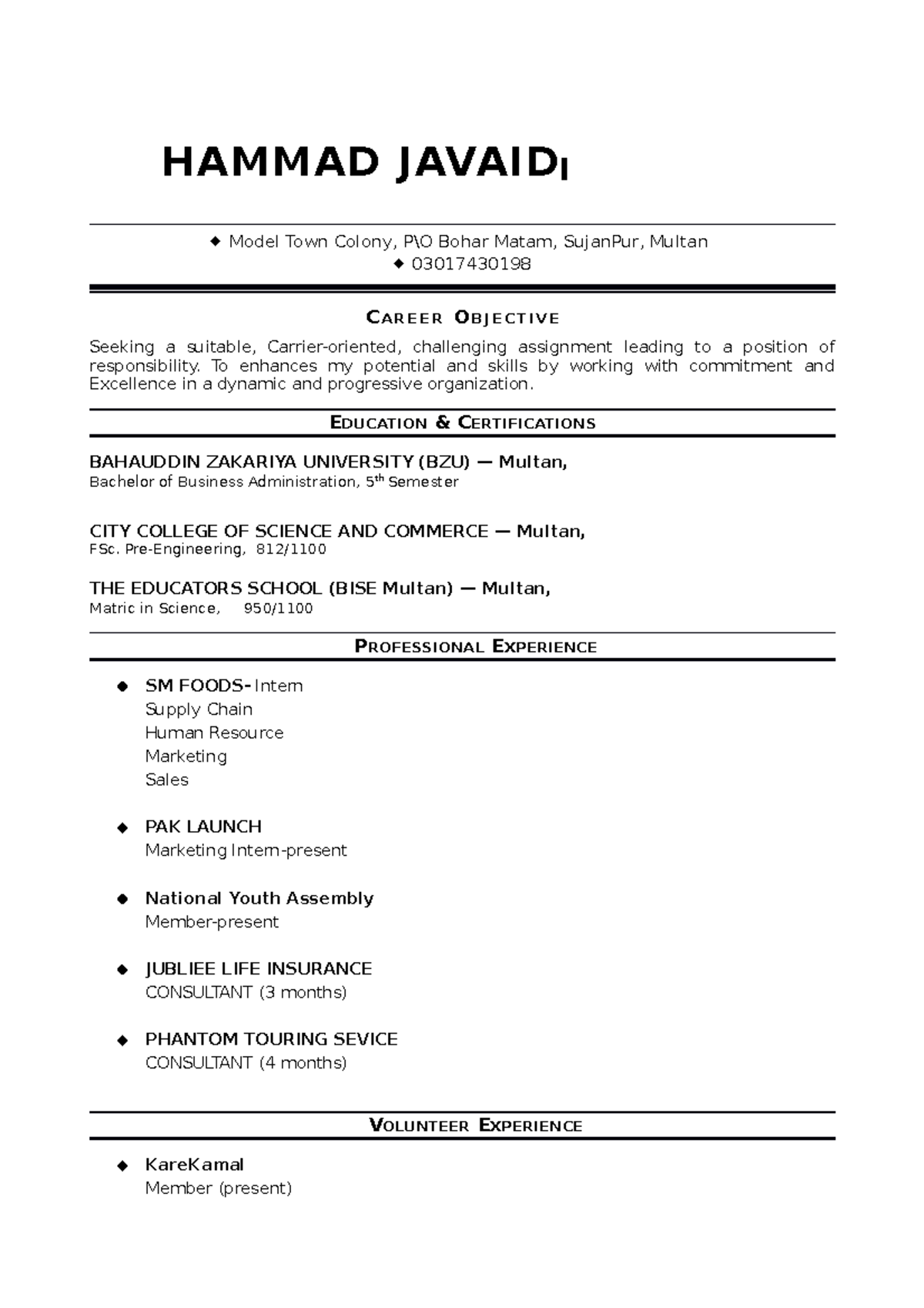Hammad Javaid CV - HAMMAD JAVAID Model Town Colony, P\O Bohar Matam ...