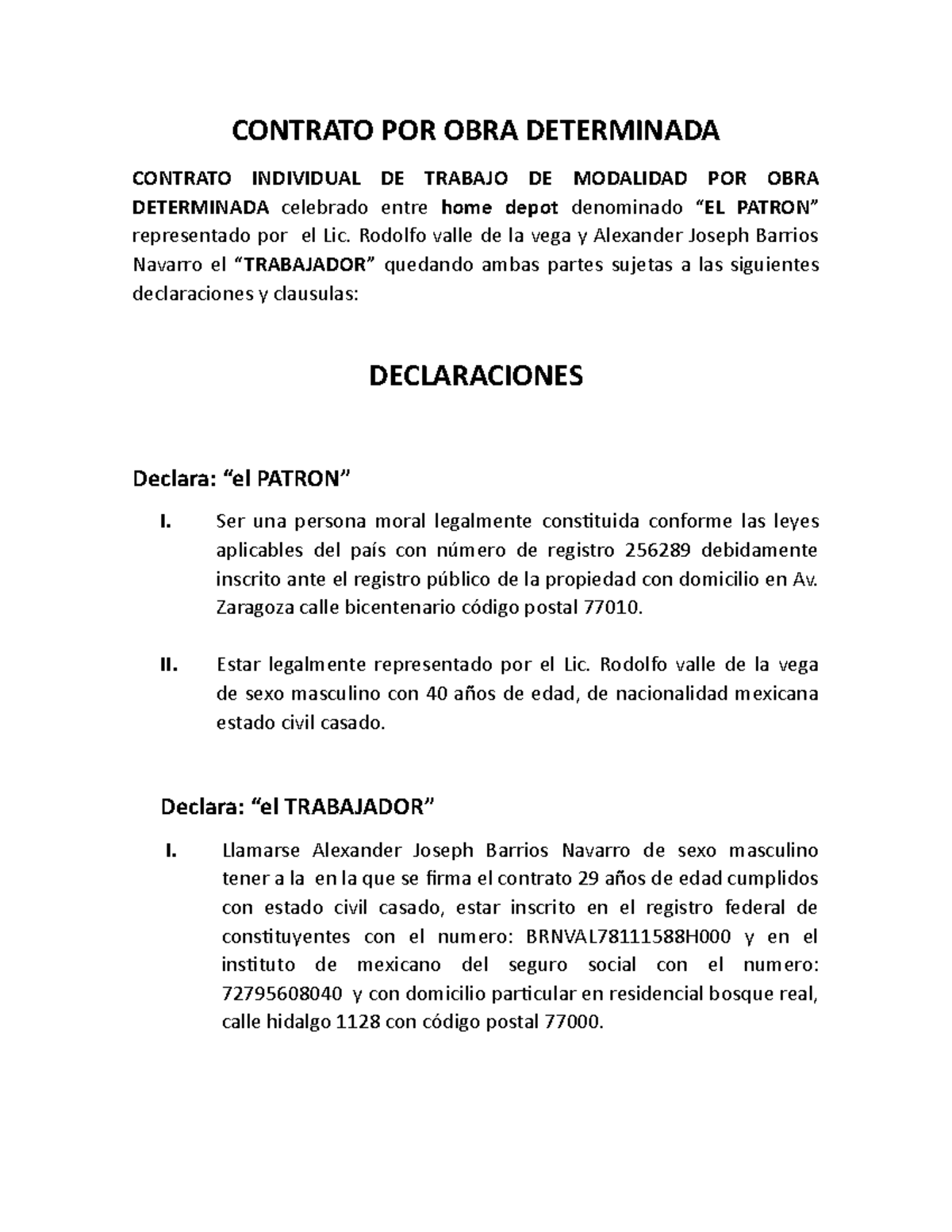 Contrato POR OBRA Determinada - CONTRATO POR OBRA DETERMINADA CONTRATO INDIVIDUAL DE TRABAJO DE ...