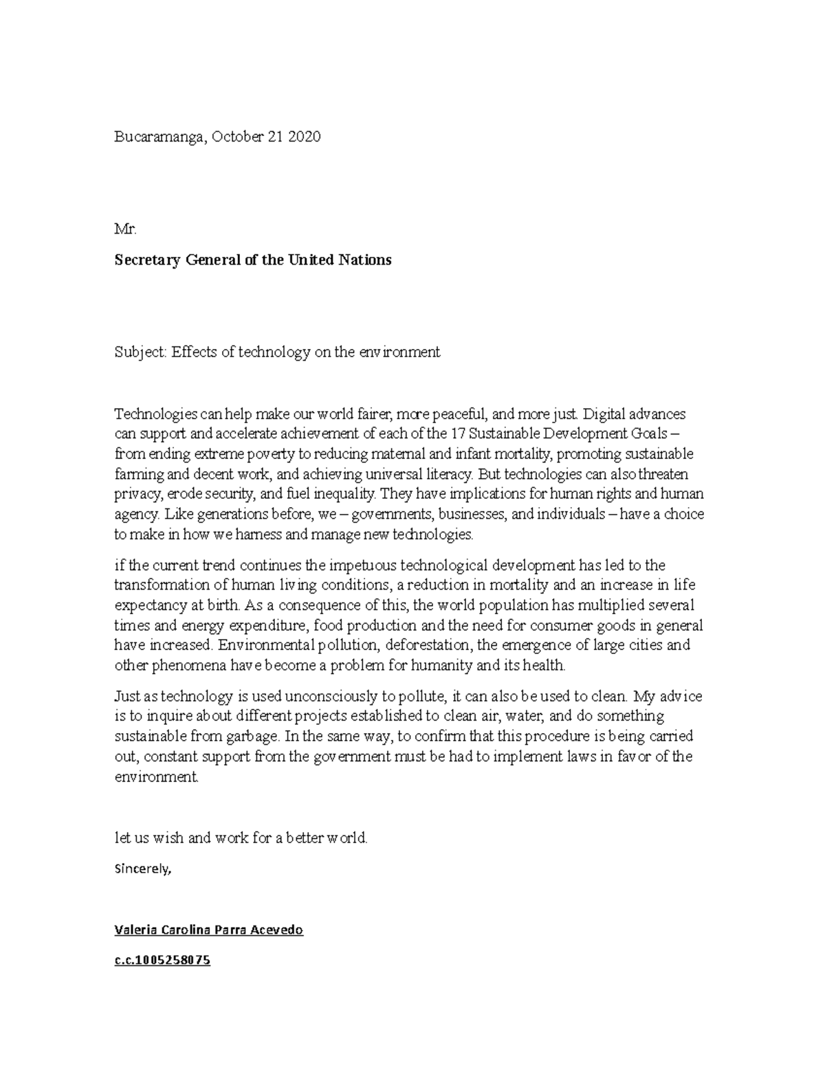 Task Letter Valeria Parra - Bucaramanga, October 21 2020 Mr. Secretary ...