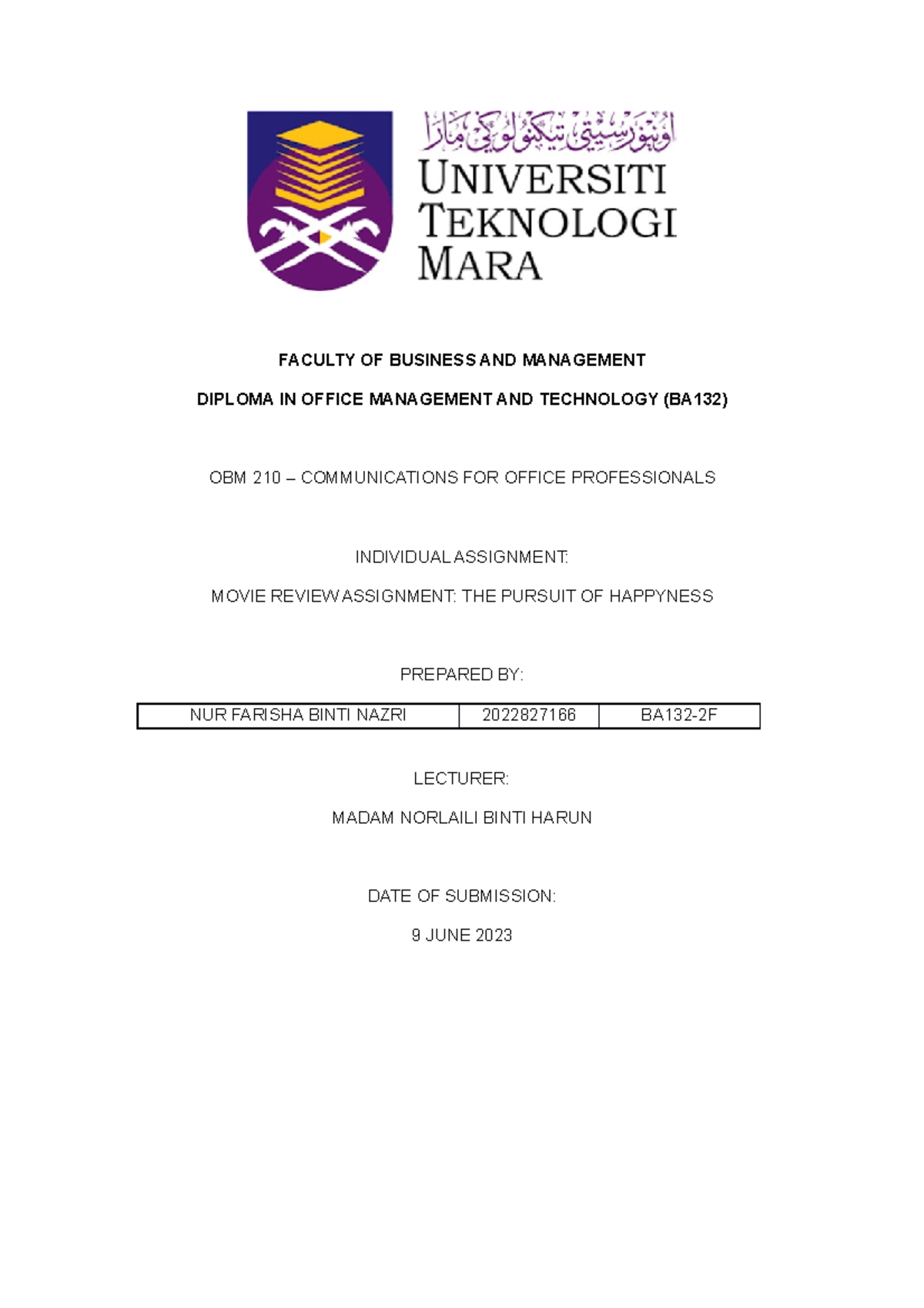 Movie Review Assg Assignment For Obm210 Faculty Of Business And Management Diploma In Office 