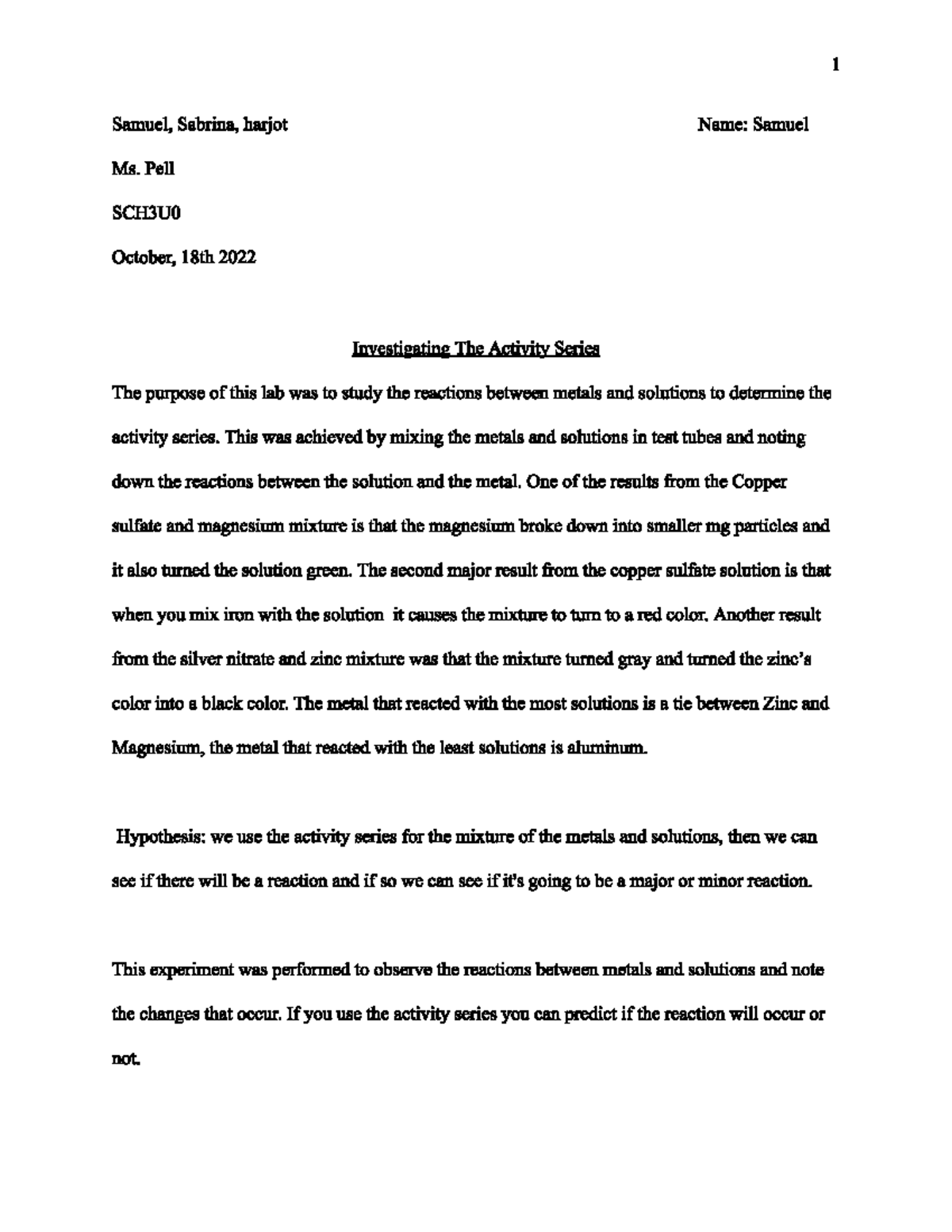 Activity series lab report - Studocu