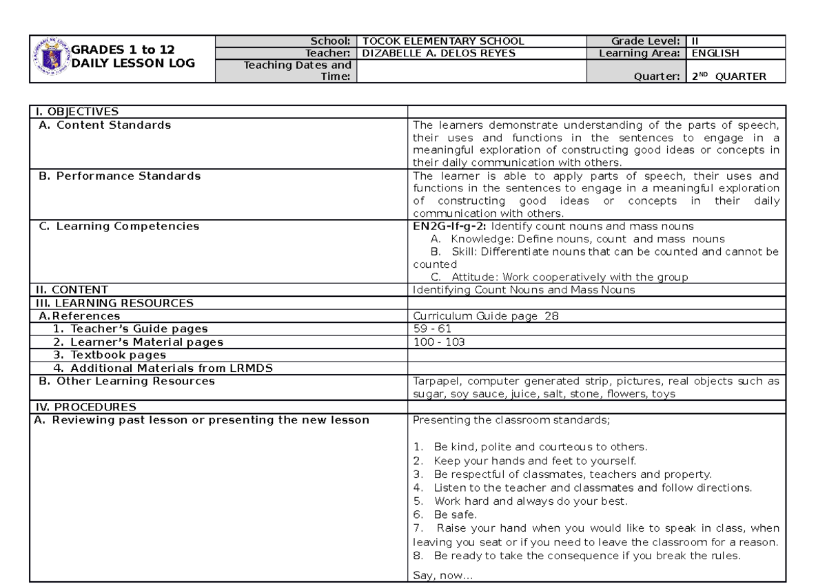 COT1- English ( Common- Proper NOUN) - GRADES 1 to 12 DAILY LESSON LOG ...
