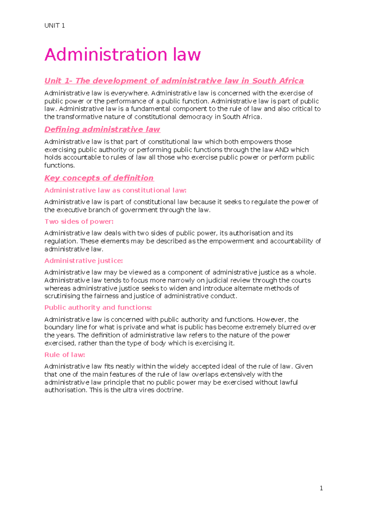 UNIT 1 Notes - Administration law Unit 1- The development of ...