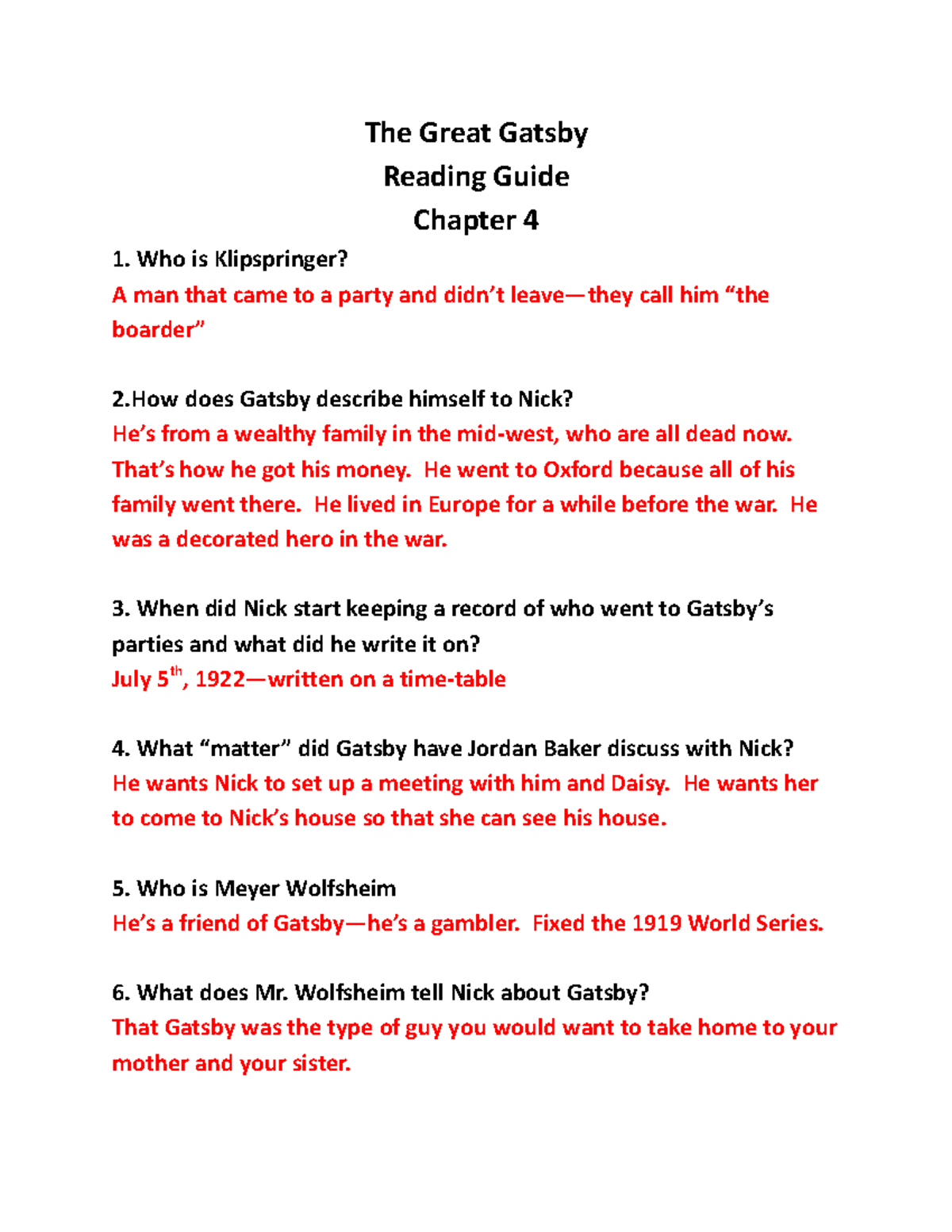 Chapter 4notes - ffffaaarrrttttt - The Great Gatsby Reading Guide ...