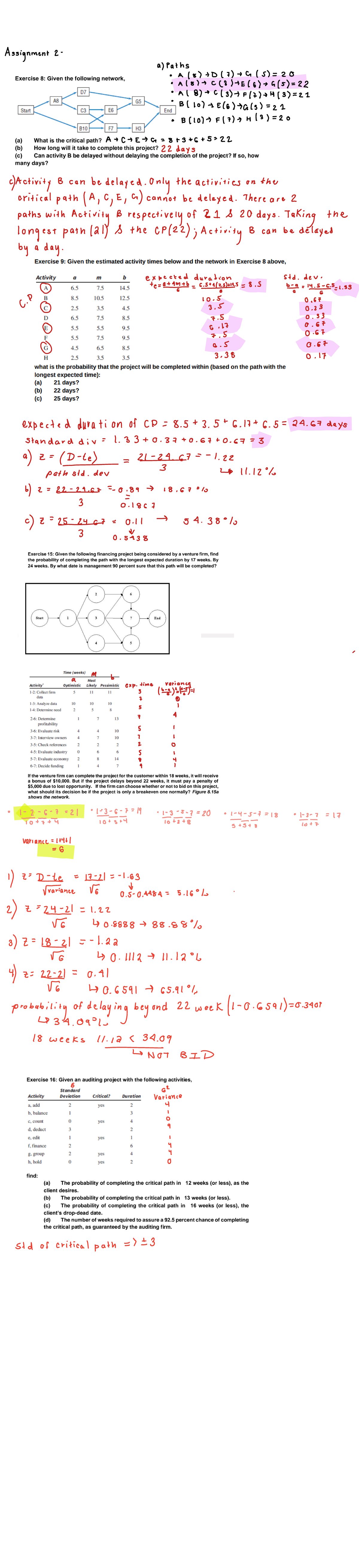A - assignment 2 - Assignment a) Paths Exercise Given the following network, D7 A8 G5 Start End ...