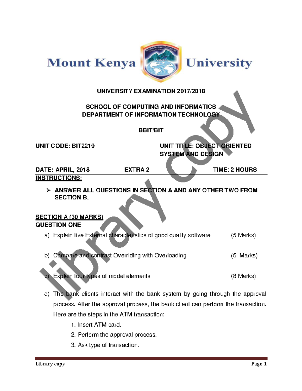 Bit2210 Object Oriented System And Design Extra 2 Library Copy Page 1 University Examination