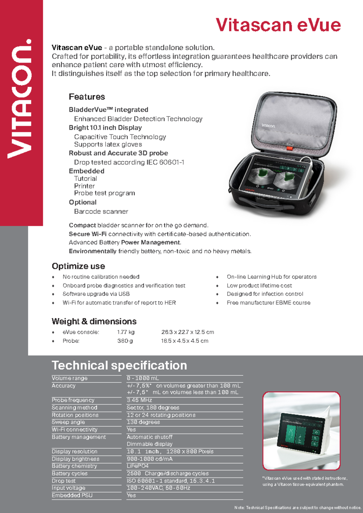 Vitascan datasheet e Vue - Technical specification Volume range Accuracy Probe frequency ...