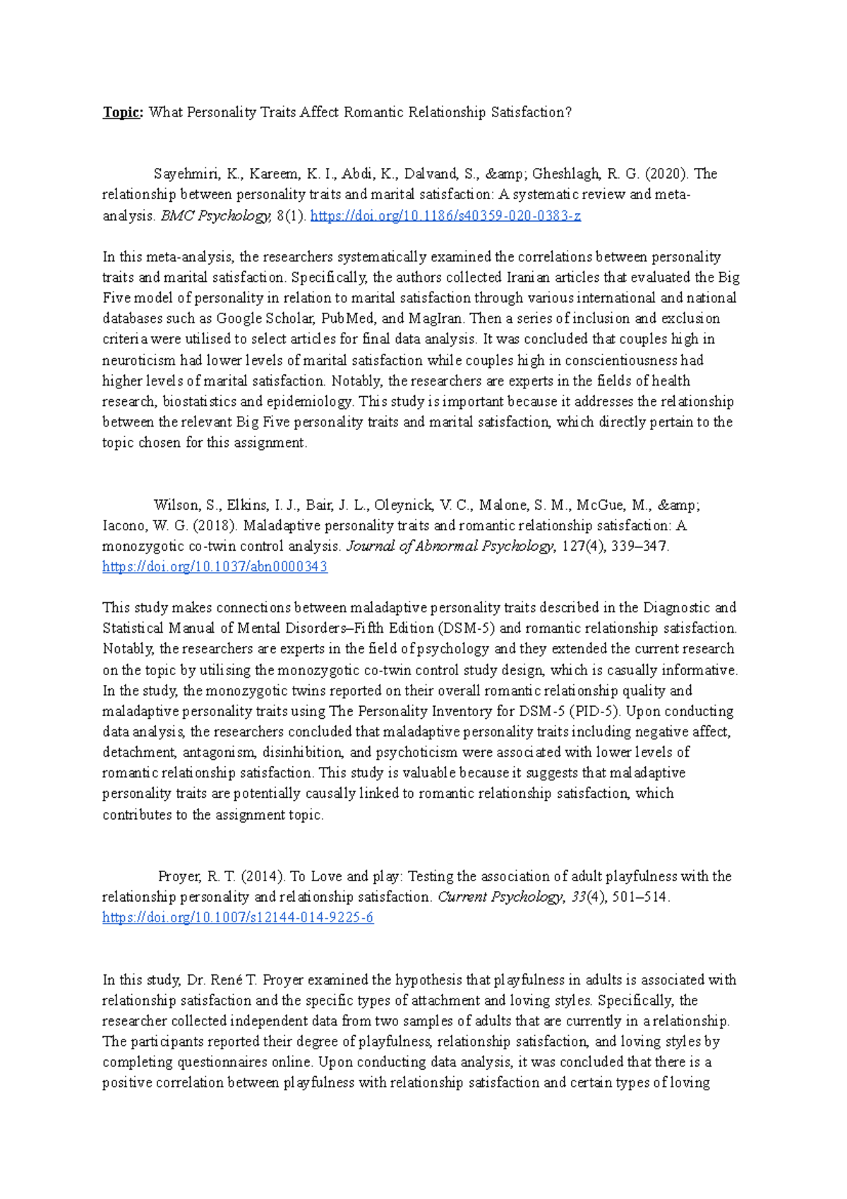 Annotated Bibliography - Topic: What Personality Traits Affect Romantic ...