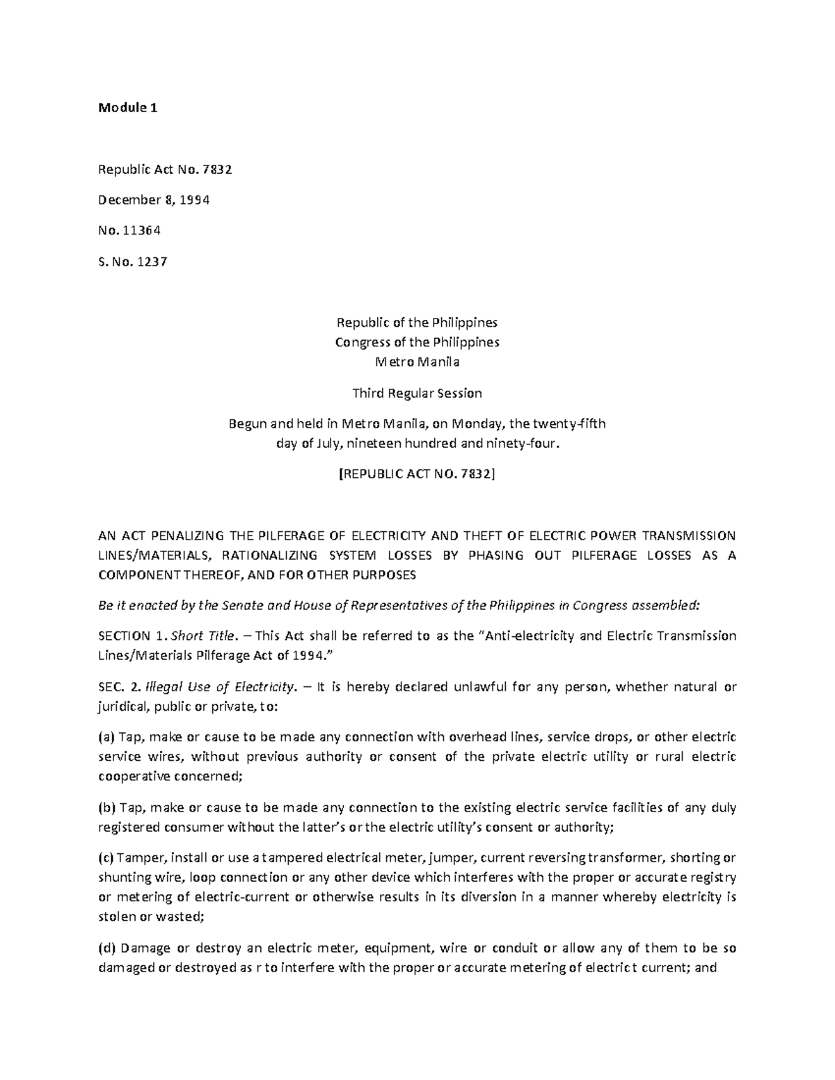 Module 1 Reviewer - Electrical engineering Laws - Module 1 Republic Act ...