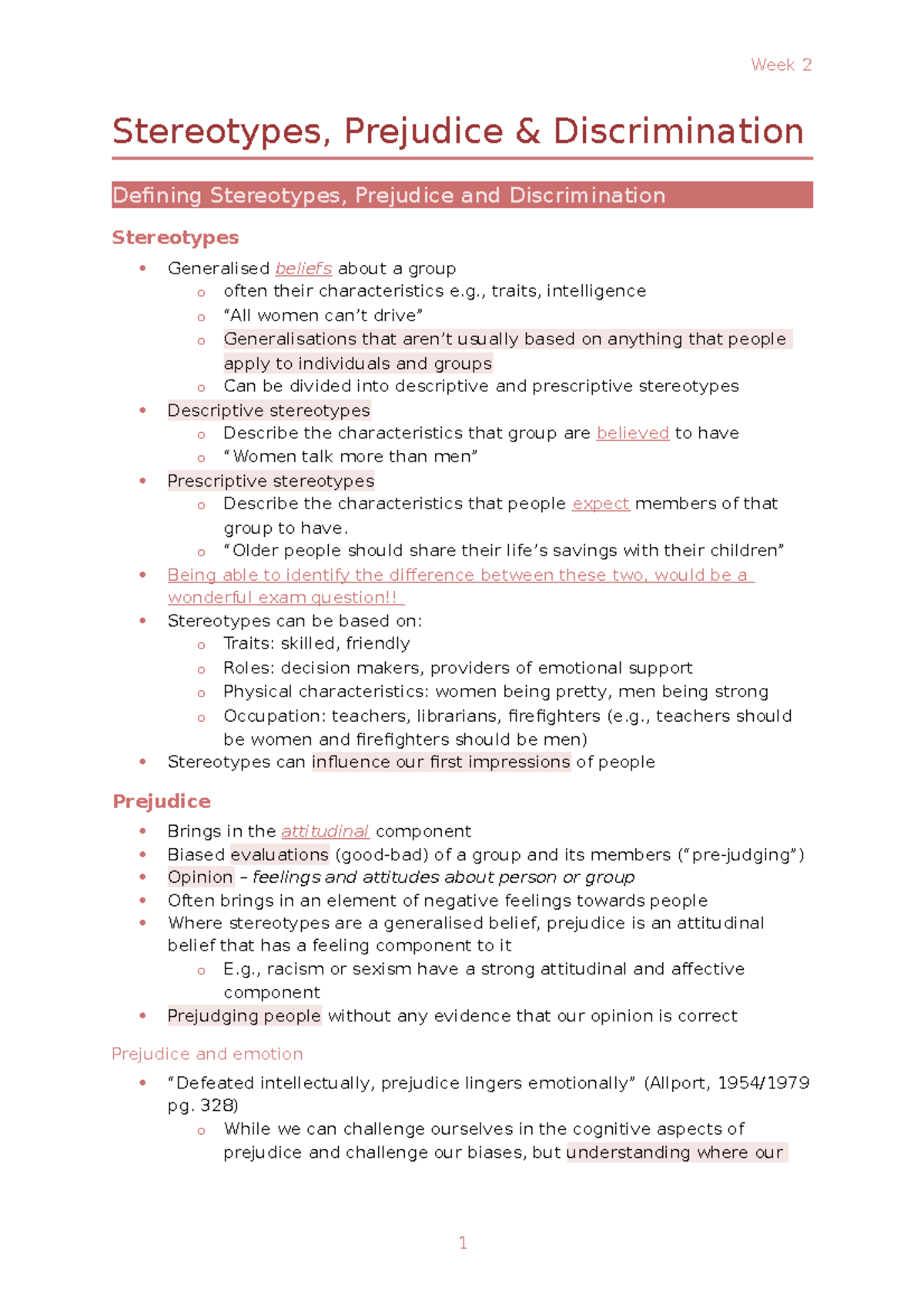 Week 2 - Week 2 lecture notes - Stereotypes, Prejudice & Discrimination ...