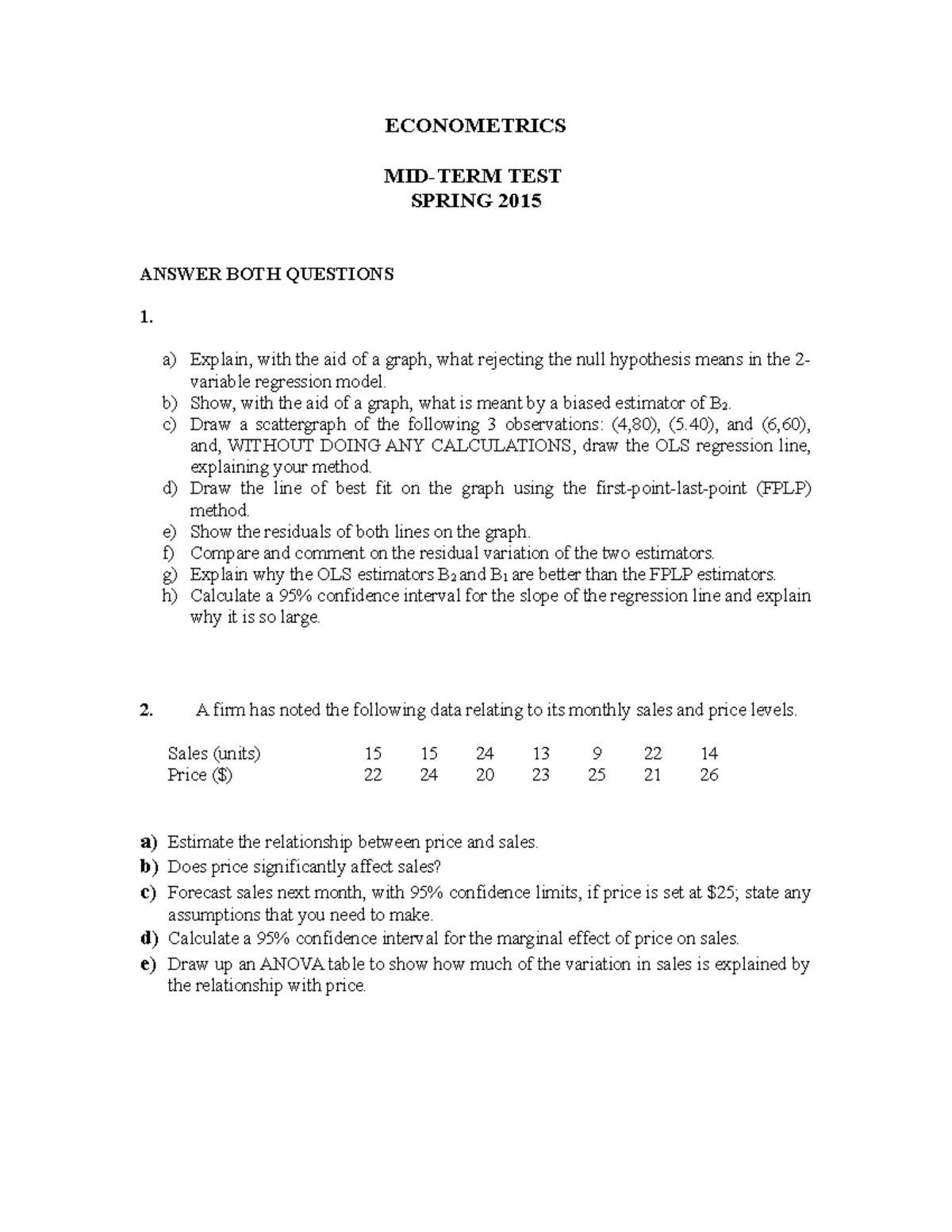 Econometrics MID TERM - Summary of BE different topics - ECONOMETRICS ...