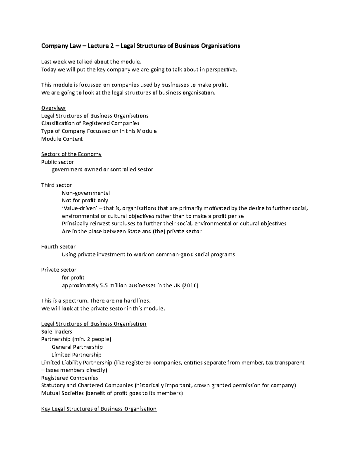 Company Law - Lecture 2 - Legal Structures of Business Organisations ...
