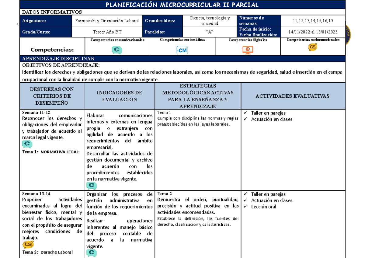 Planif. Micro. 2 P. FOL 2DO BT - UNIDAD EDUCATIVA SARAGURO Saraguro ...