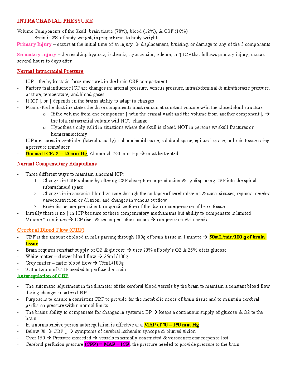 Chapter 56 notes - Ortho/Neuro - INTRACRANIAL PRESSURE Volume ...