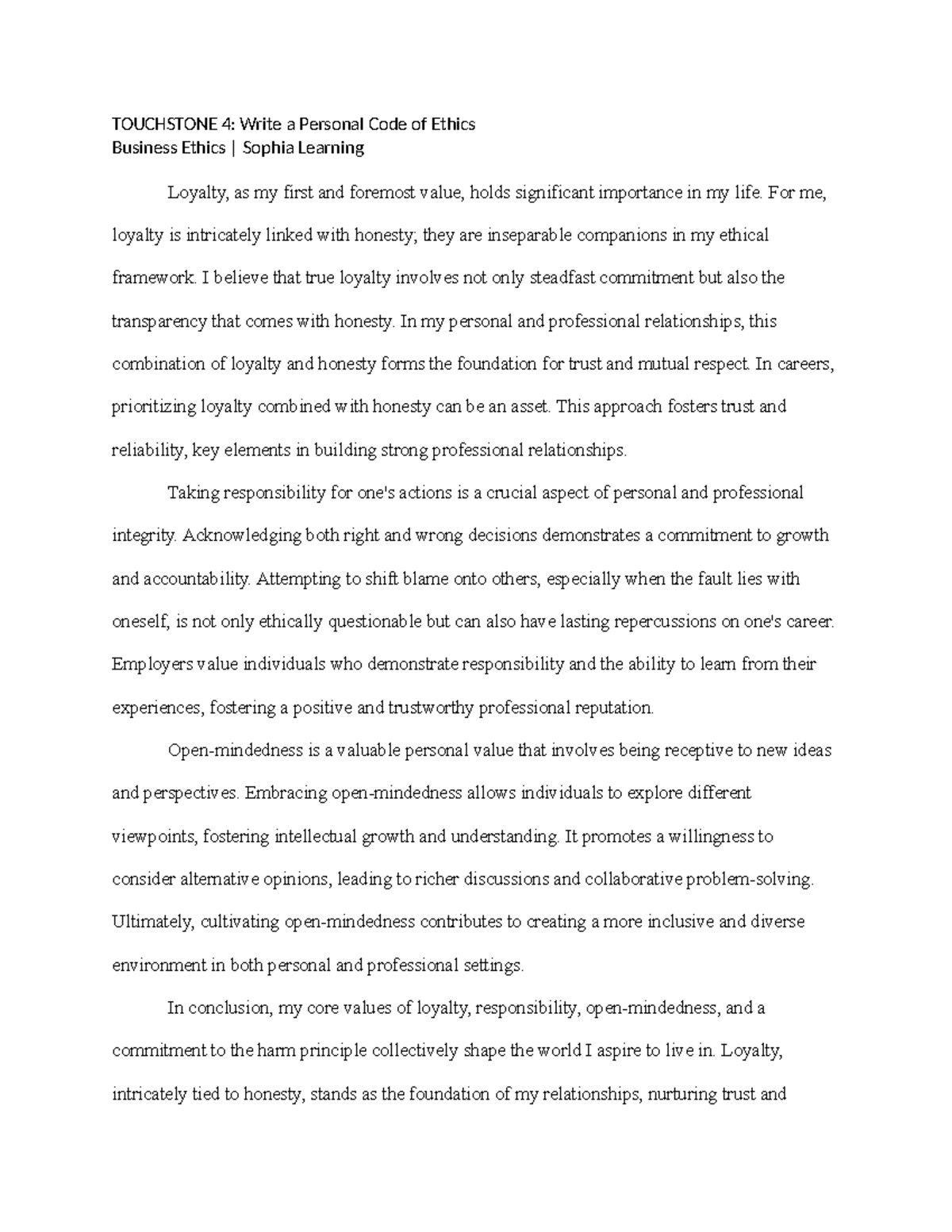 Touchstone 4- Write a Personal Code of Ethics - TOUCHSTONE 4: Write a ...