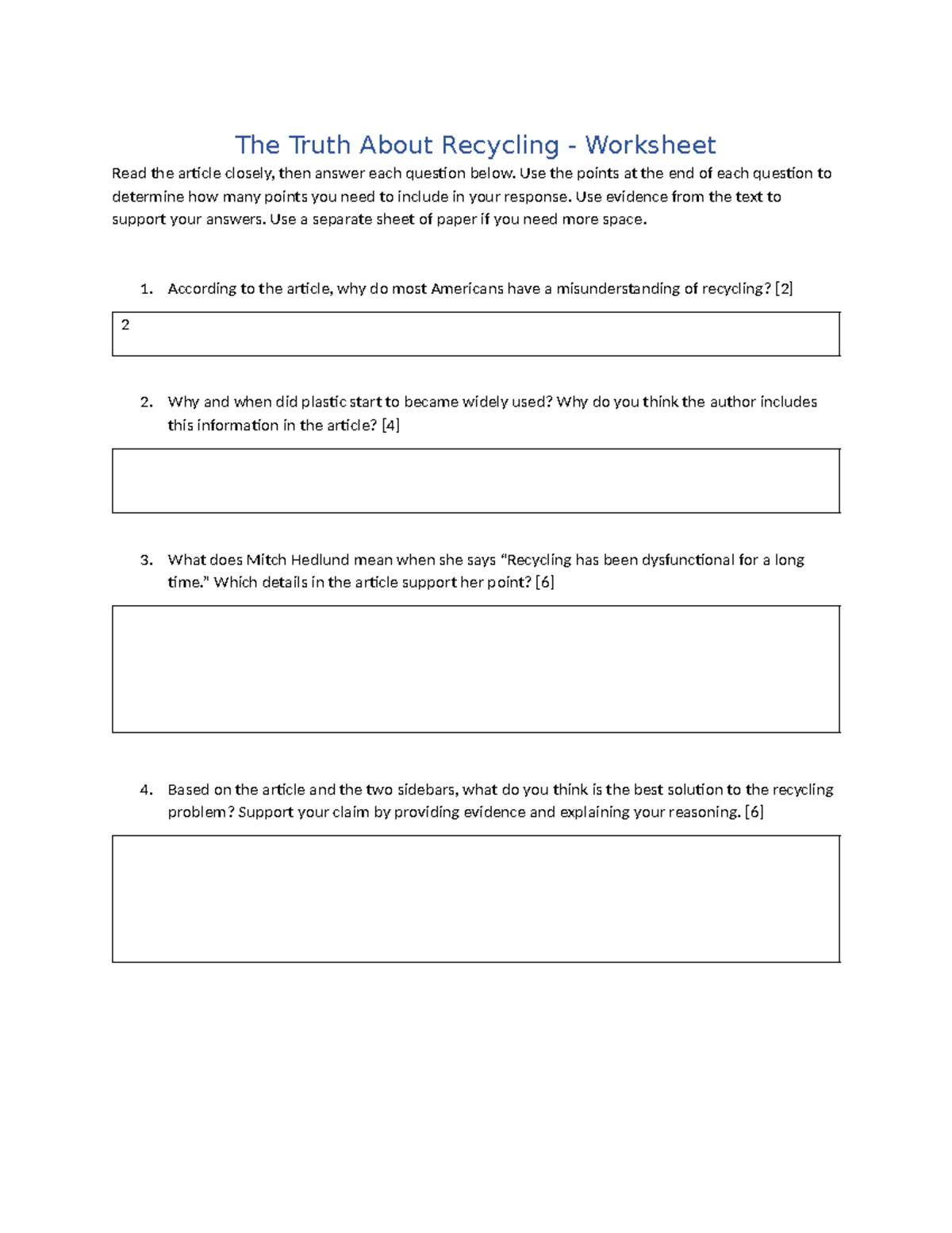 The Truth About Recycling Worksheet 2 - The Truth About Recycling ...