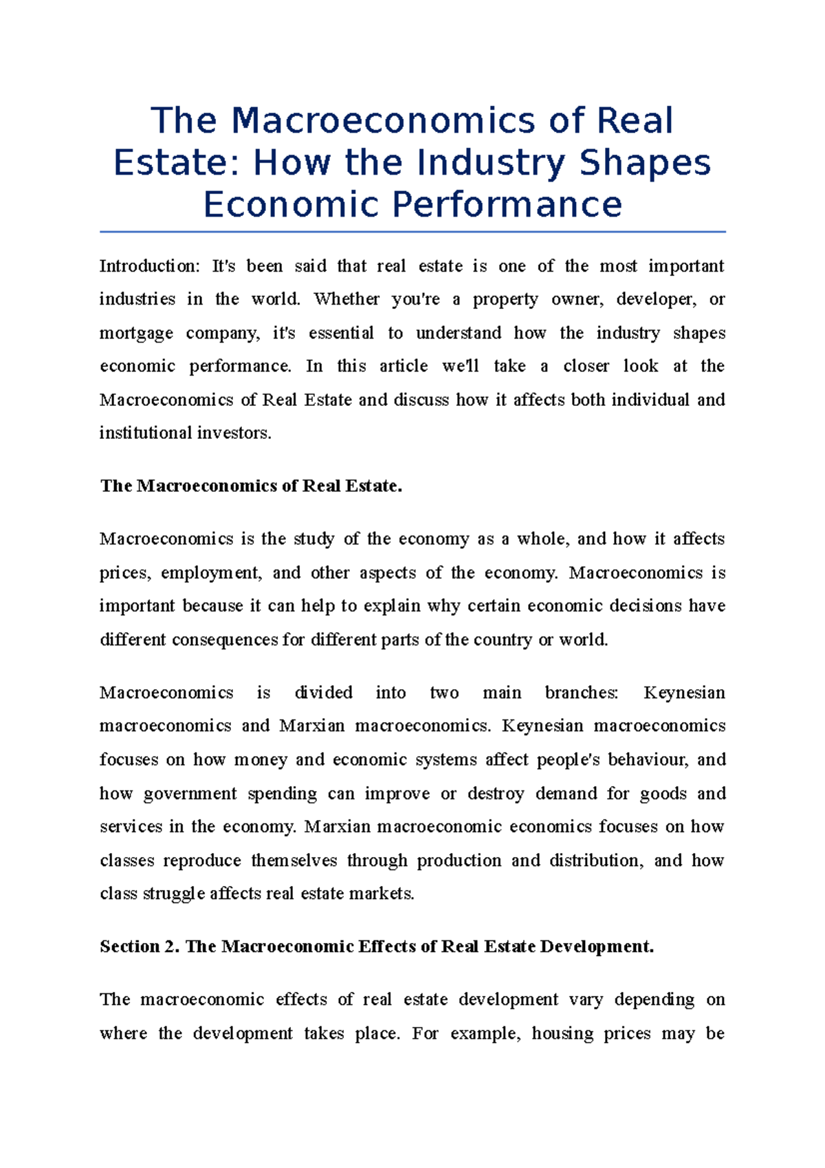 The Macroeconomics of Real Estate, How the Industry Shapes Economic ...