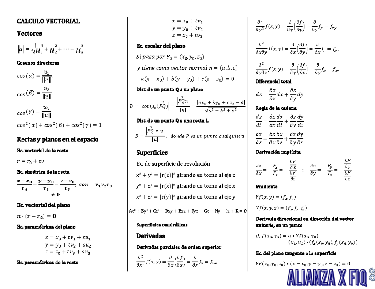 Formulario Calculo Vectorial - CALCULO VECTORIAL Vectores u u un u 2 2 2 2 1 = + + + Cosenos ...