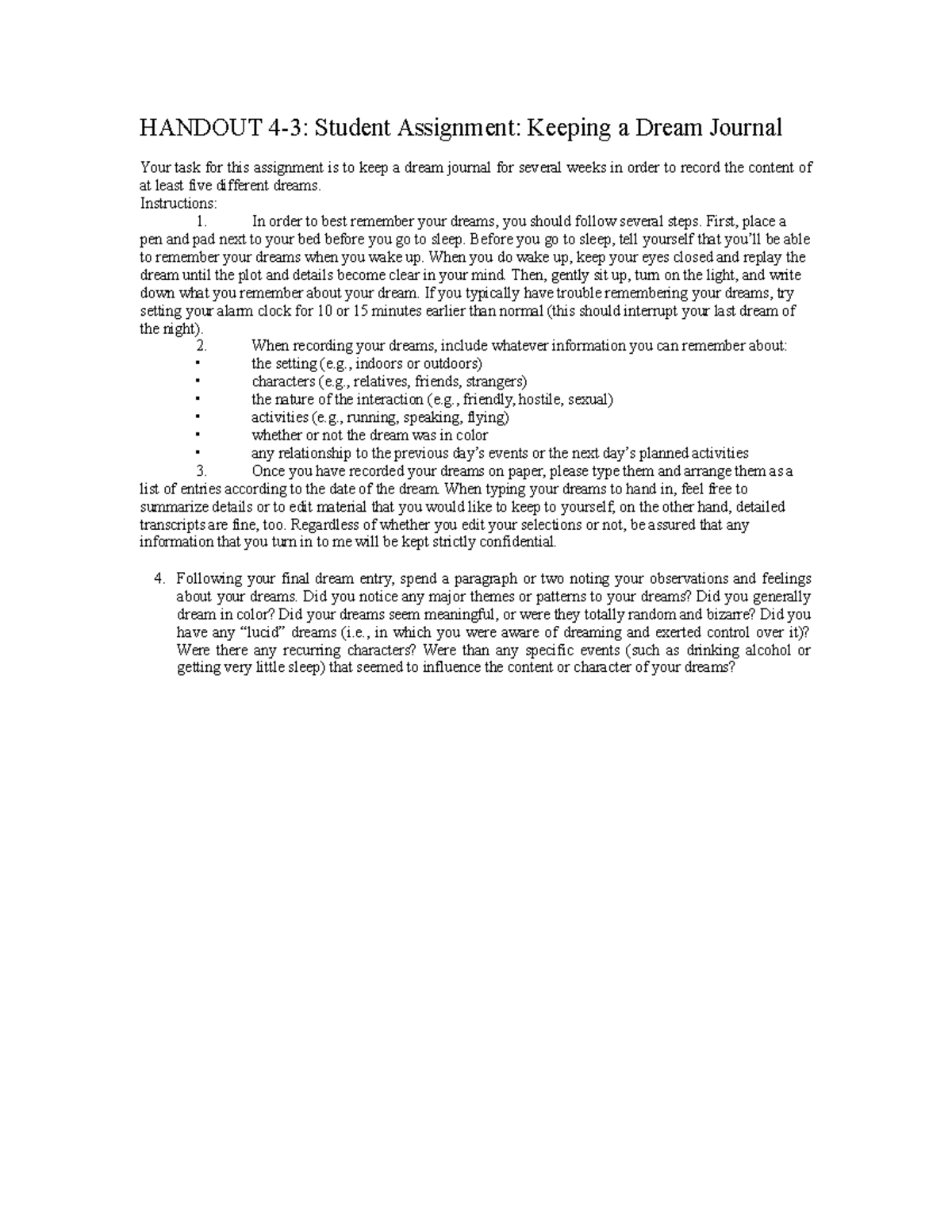 Dream Journal - HANDOUT 4-3: Student Assignment: Keeping a Dream ...