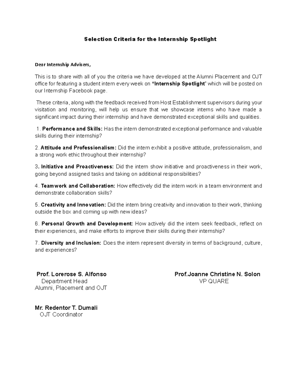 Criteria in the selection of internship spotlight - Selection Criteria ...