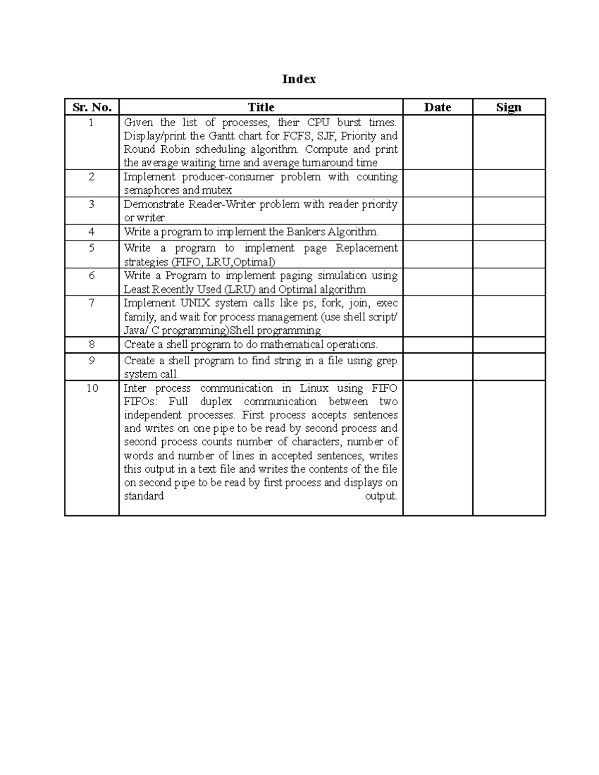 Index - xcsa - Index Sr. No. Title Date Sign 1 Given the list of processes, their CPU burst ...
