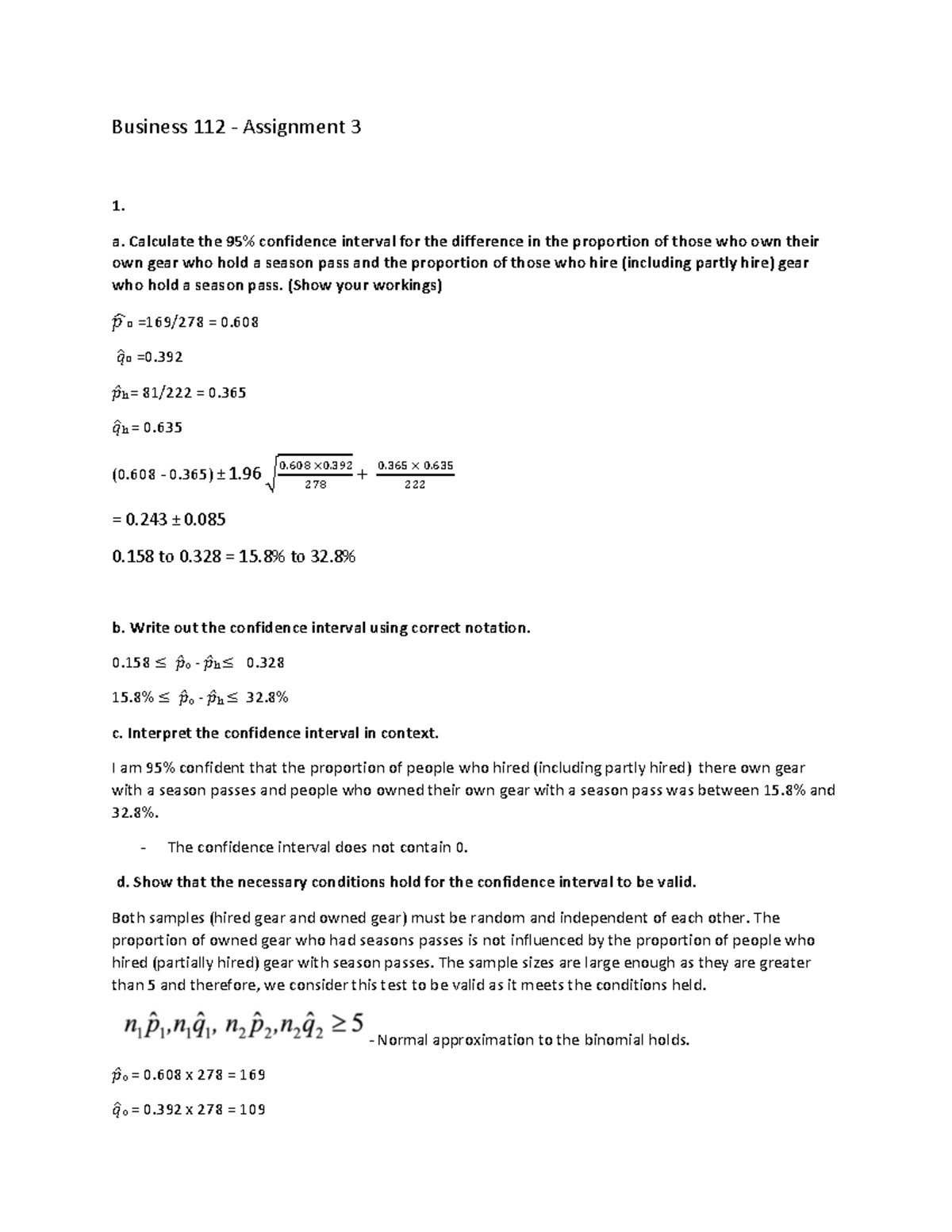 Document 8 - assignment 3 - Business 112 - Assignment 3 1. a. Calculate the 95% confidence ...