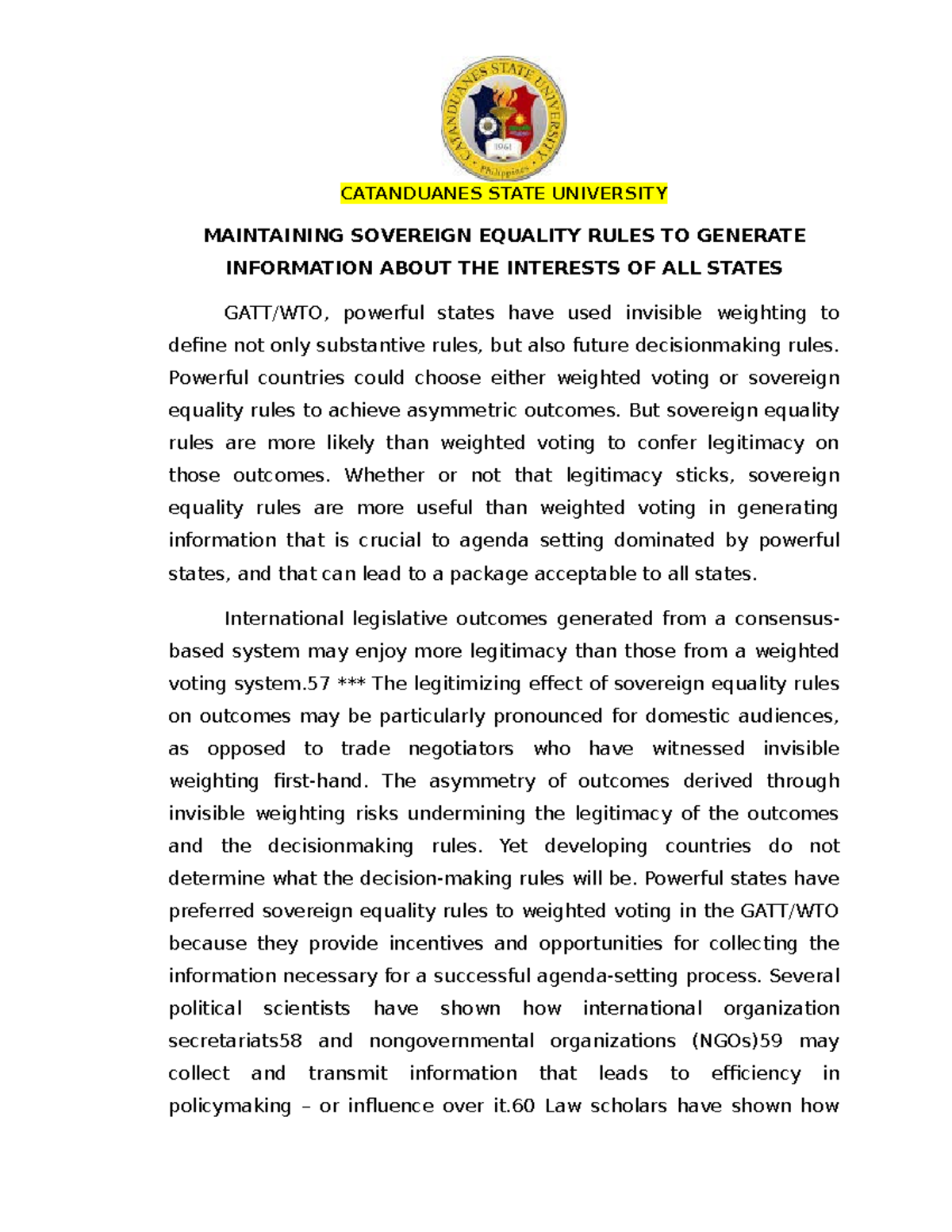 Maintaining Sovereign Equality Rules TO Generate Information About THE ...