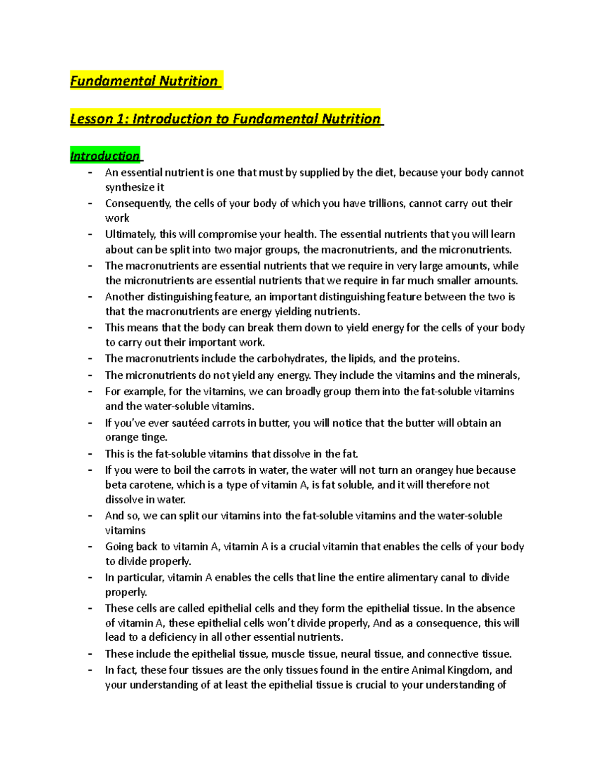 Lecture notes for biol203 (all lessons) - Fundamental Nutrition Lesson ...