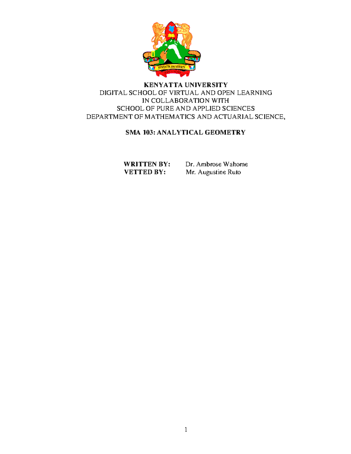 SMA 103 Corrected Module-1 - KENYATTA UNIVERSITY DIGITAL SCHOOL OF VIRTUAL AND OPEN LEARNING IN ...