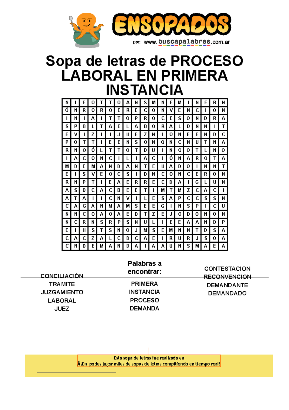 Sopa de letras de proceso laboral en primera instancia - Esta sopa de ...