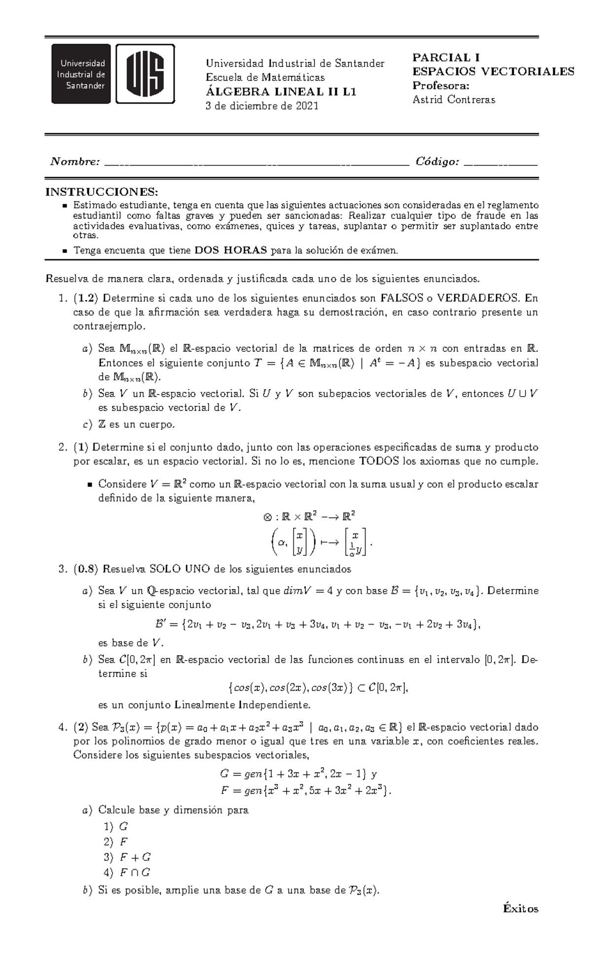 Alconmen lgebra II Parcial 1 L1 - Universidad Industrial de Santander Universidad Industrial de ...
