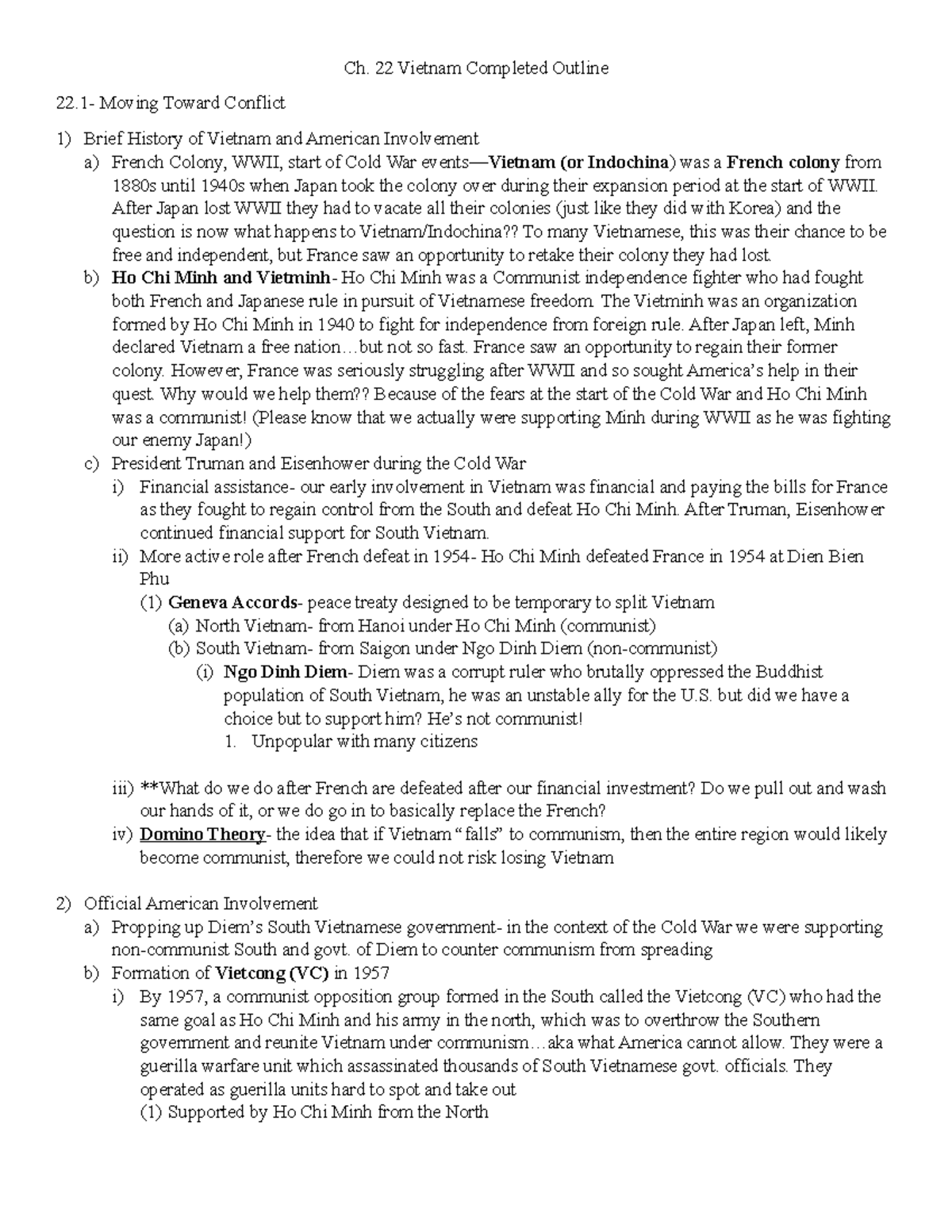 Ch 22: Vietnam War outline - Ch. 22 Vietnam Completed Outline 22 ...