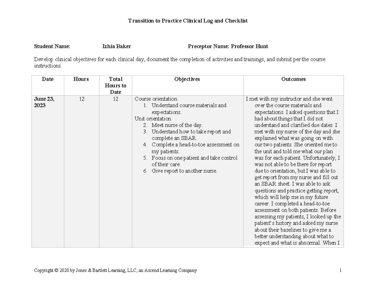 Clinicallog - Log of clinical days - Student Name: Izhia Baker ...