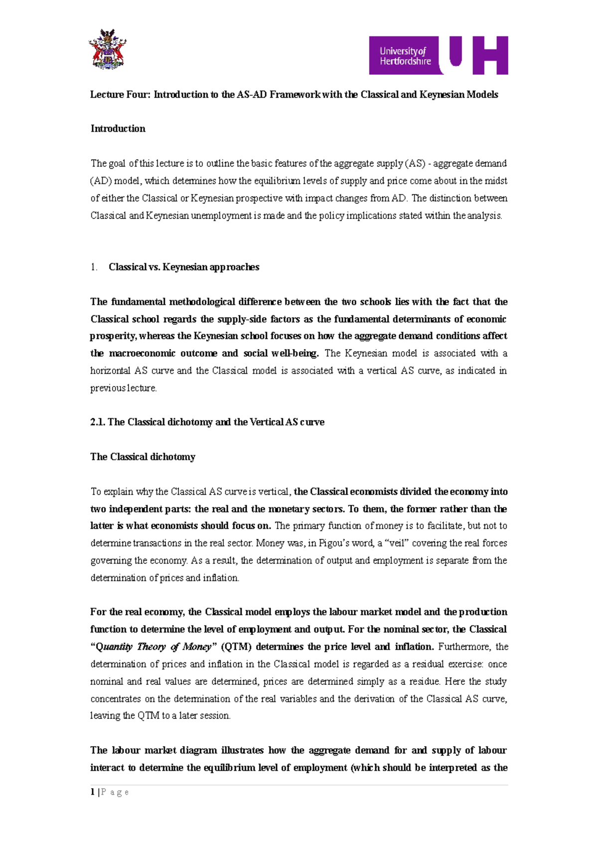 Introduction to the AS-AD Framework with the Classical and Keynesian ...