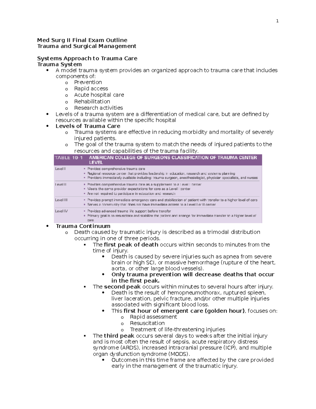 Med Surg II Final Exam Outline Trauma 1 - o The goal of the trauma ...