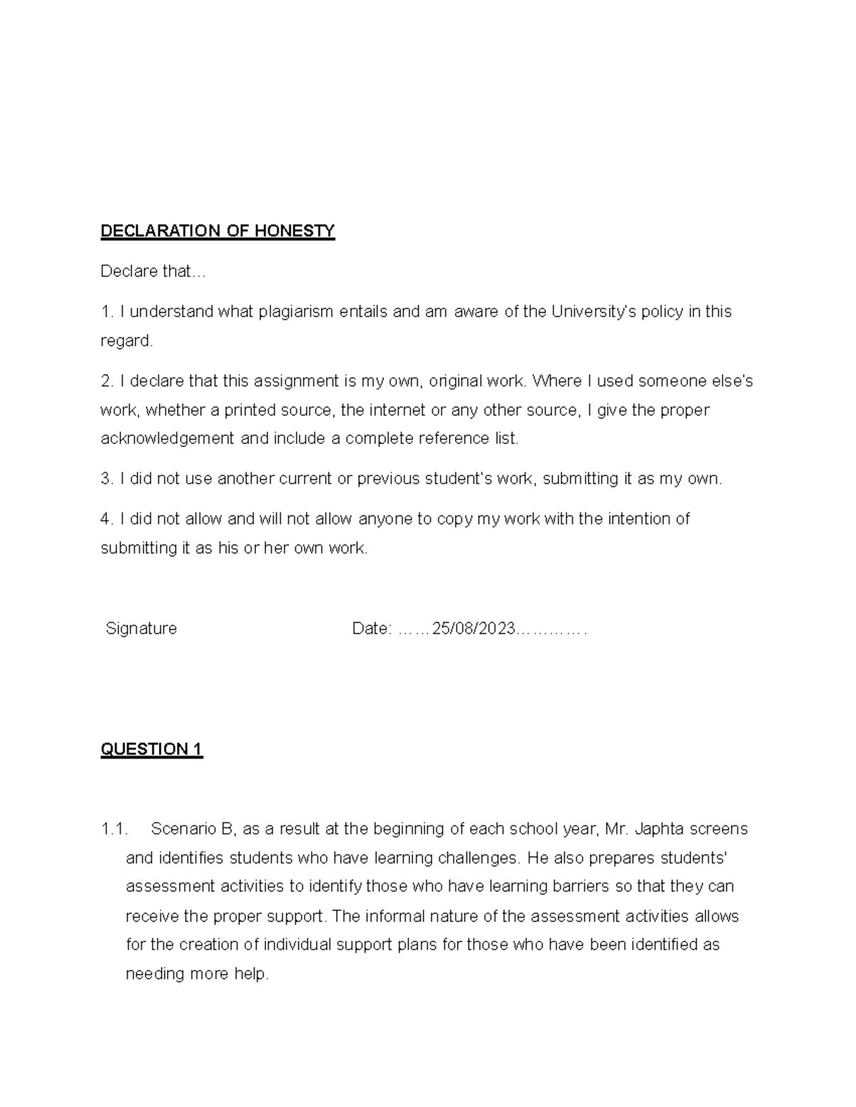 INC 04 - ASSIGNMENT NO 4 - DECLARATION OF HONESTY Declare that... I ...