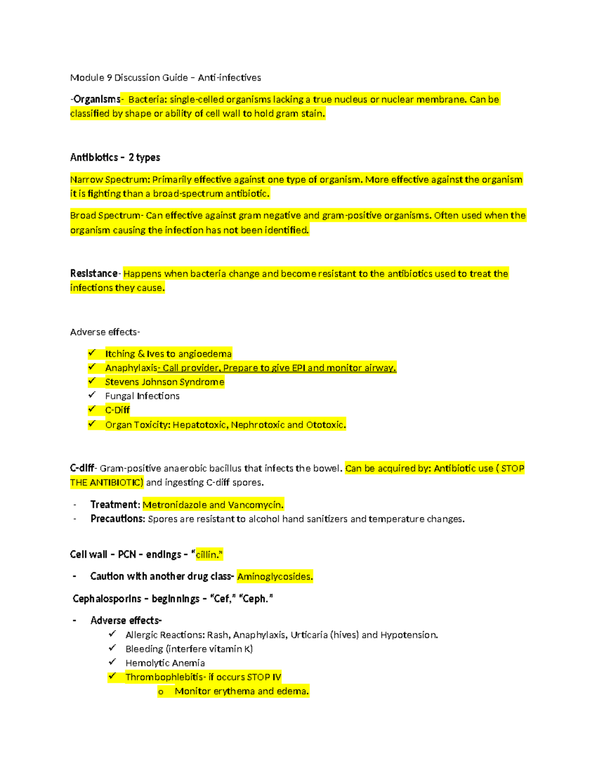 Pharmacology Module 9 Discussion Guide-Anti-Infectives - Module 9 ...