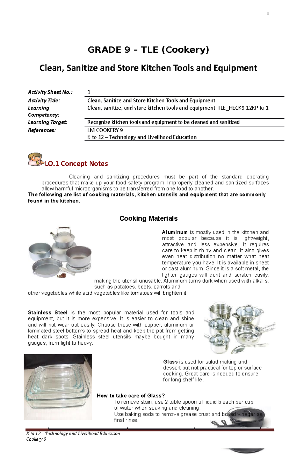 LAS cookery 9 Learning Outcome 1 - GRADE 9 – TLE (Cookery) Clean ...