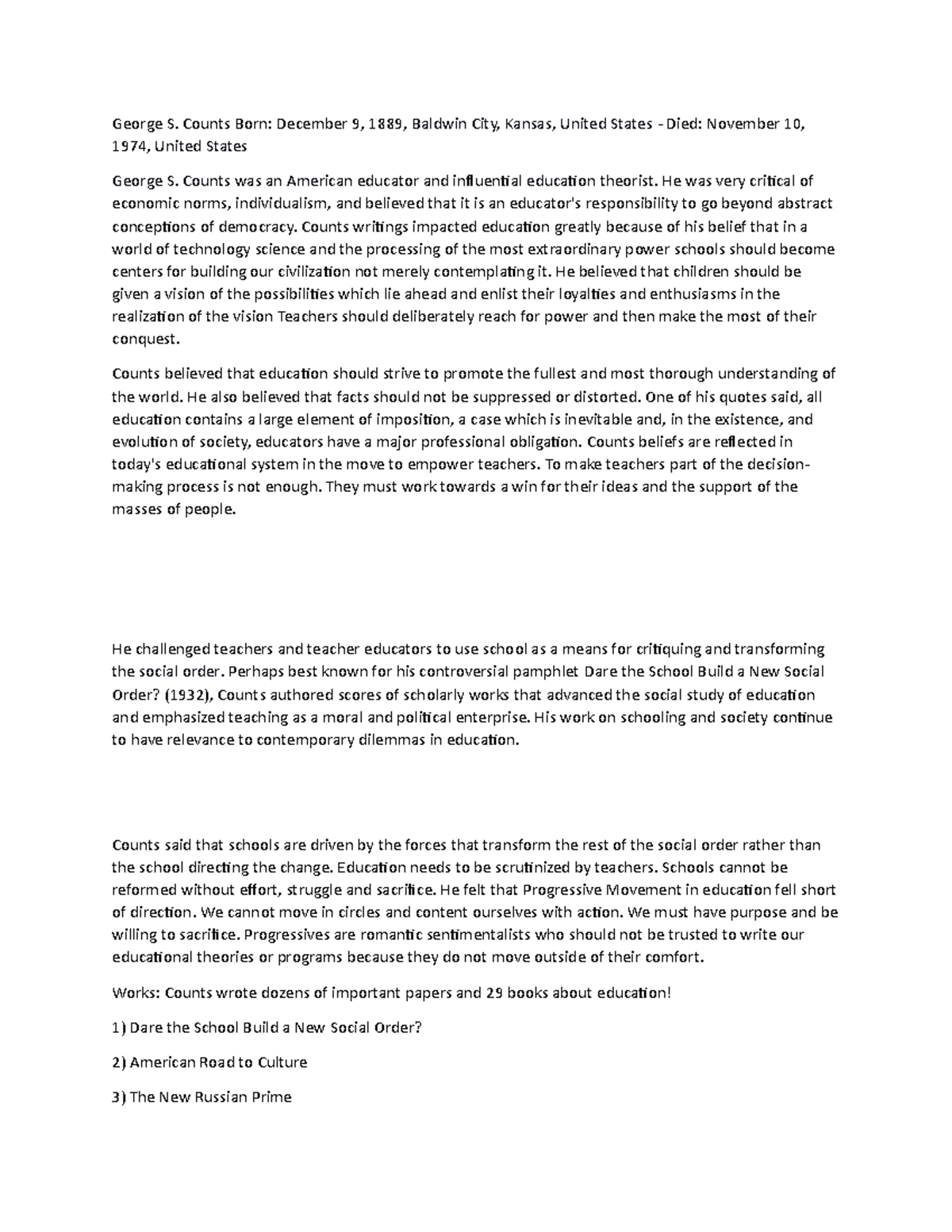 George S. Counts - survey - George S. Counts Born: December 9, 1889 ...
