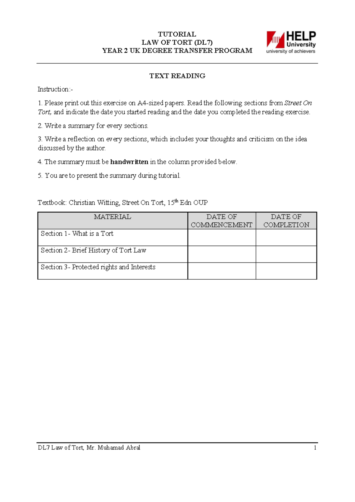 Law of tort - text reading exercise - LAW OF TORT (DL7) YEAR 2 UK ...