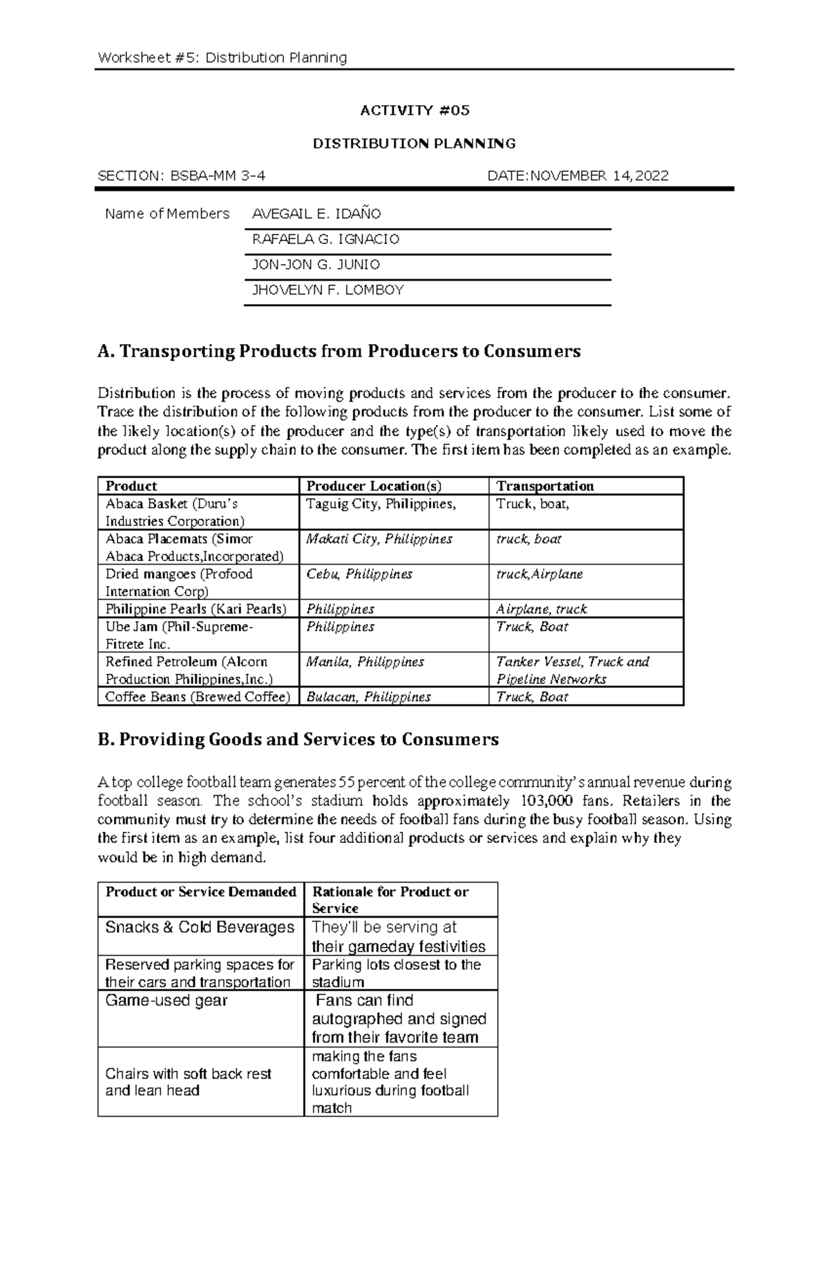 Group 10. Worksheet 5 - Distribution Planning - Worksheet #5 ...