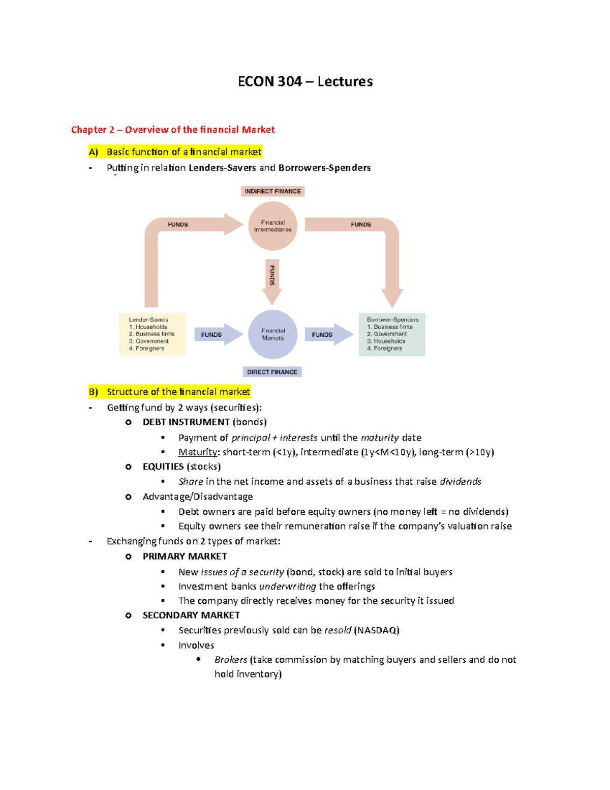 ECON 304 - Lectures pre-midterm - ECON 304 – Lectures Chapter 2 – Overview of the financial ...