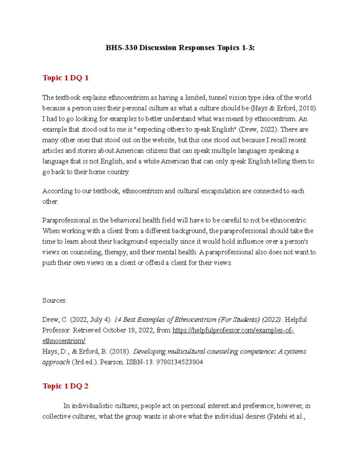 Discussion Post 1-3 - BHS-330 Discussion Responses Topics 1-3: Topic 1 ...