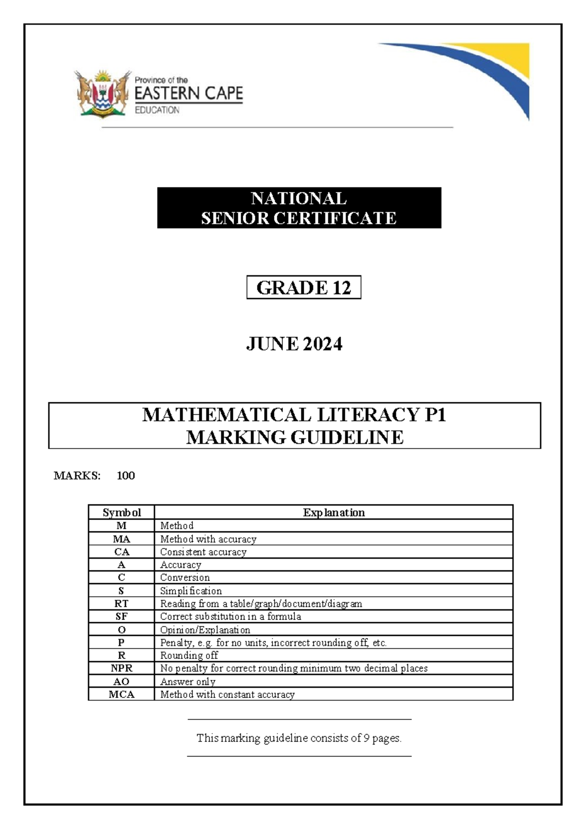 Maths LIT P1 GR12 MEMO JUNE 2024 English - NATIONAL SENIOR CERTIFICATE ...