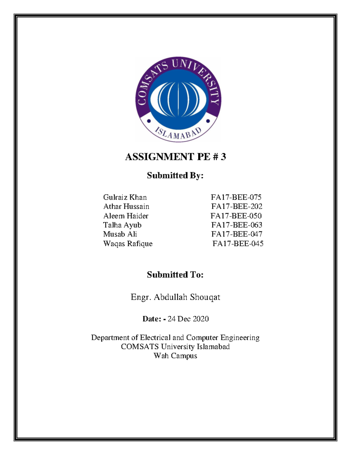 PE Assign 3 - Open ended Lab - ASSIGNMENT PE # 3 Submitted By: Gulraiz ...