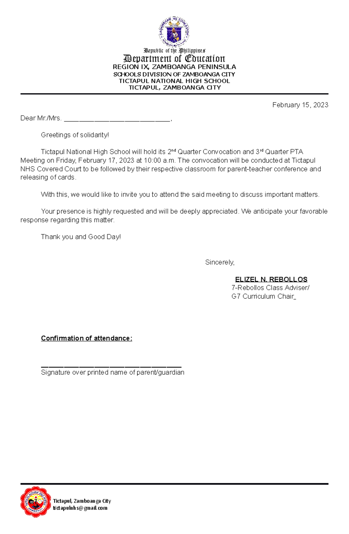 Letter - Republic of the Philippines Department of Education REGION IX ...