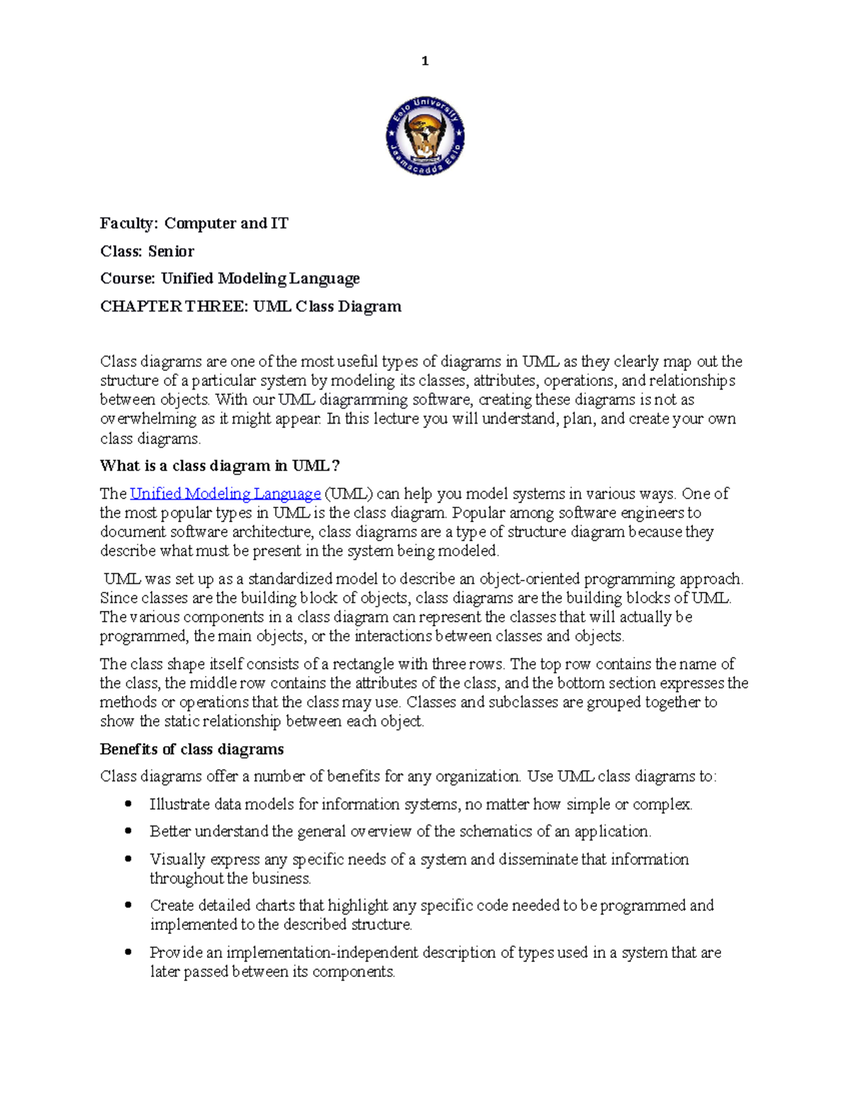 Chapter 3 Uml Class Diagram Faculty Computer And It Class Senior Course Unified Modeling