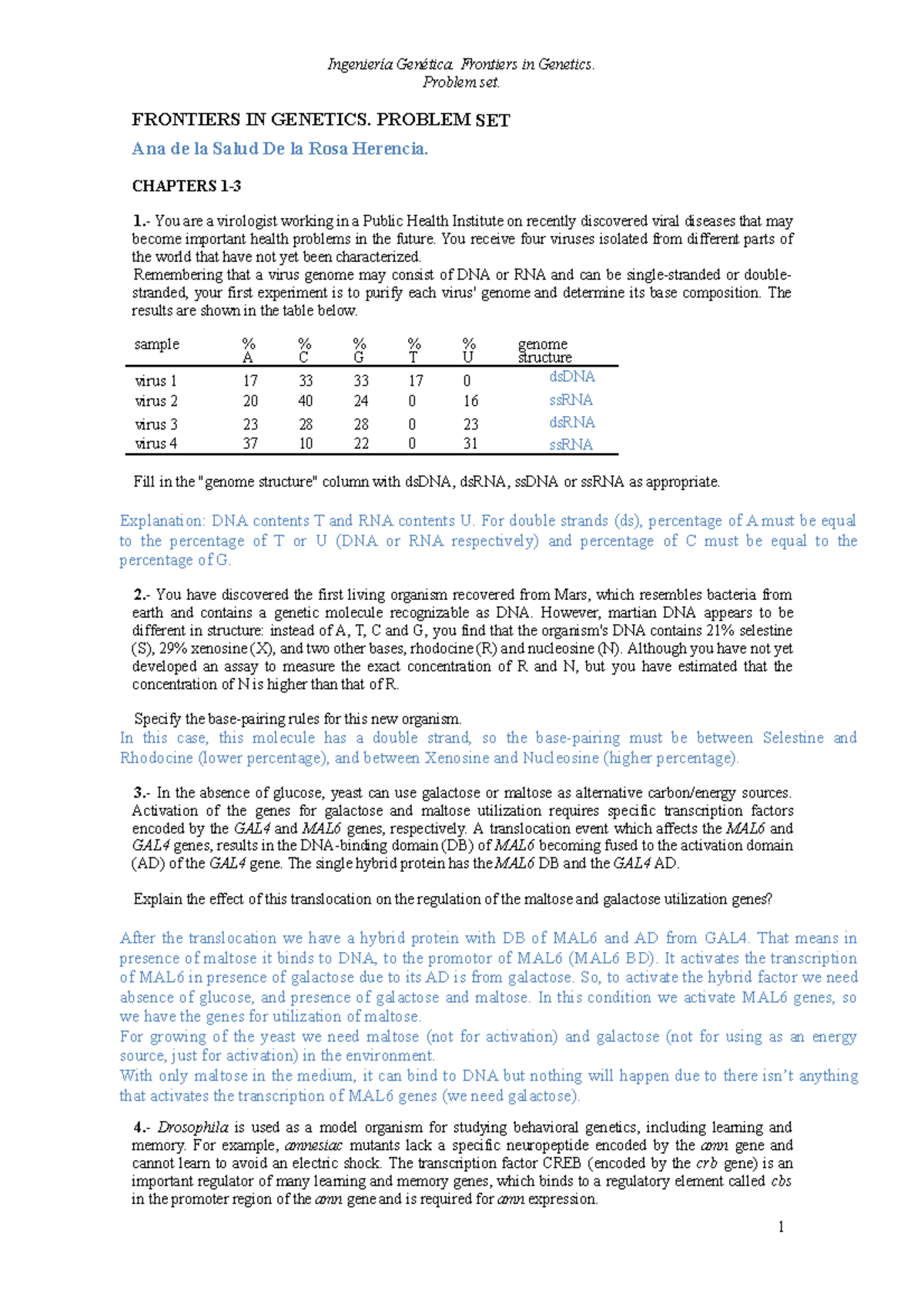 Problem set Chapter 1-3 - Problem set. FRONTIERS IN GENETICS. PROBLEM ...